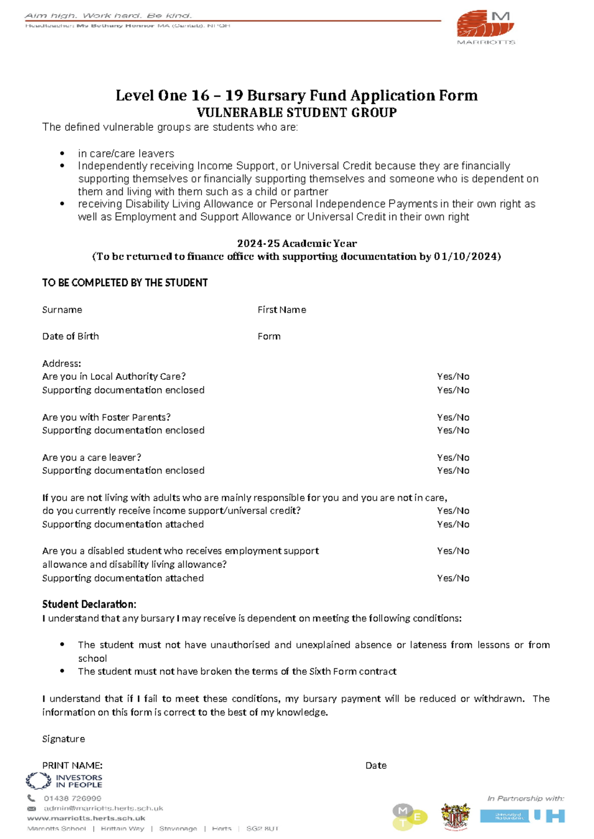 Bursary Fund Application Form Level 1 (Vulnerable) 2024 - Studocu