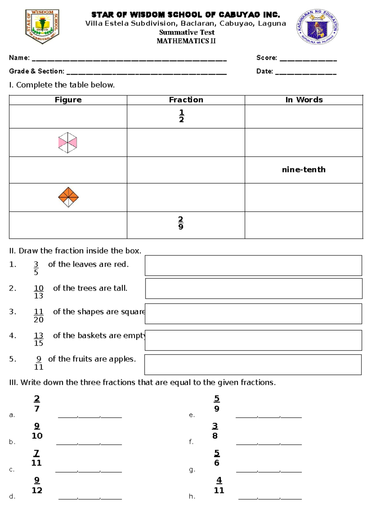 MATH 2 - Summative Test on Fractions and Comparisons - Studocu