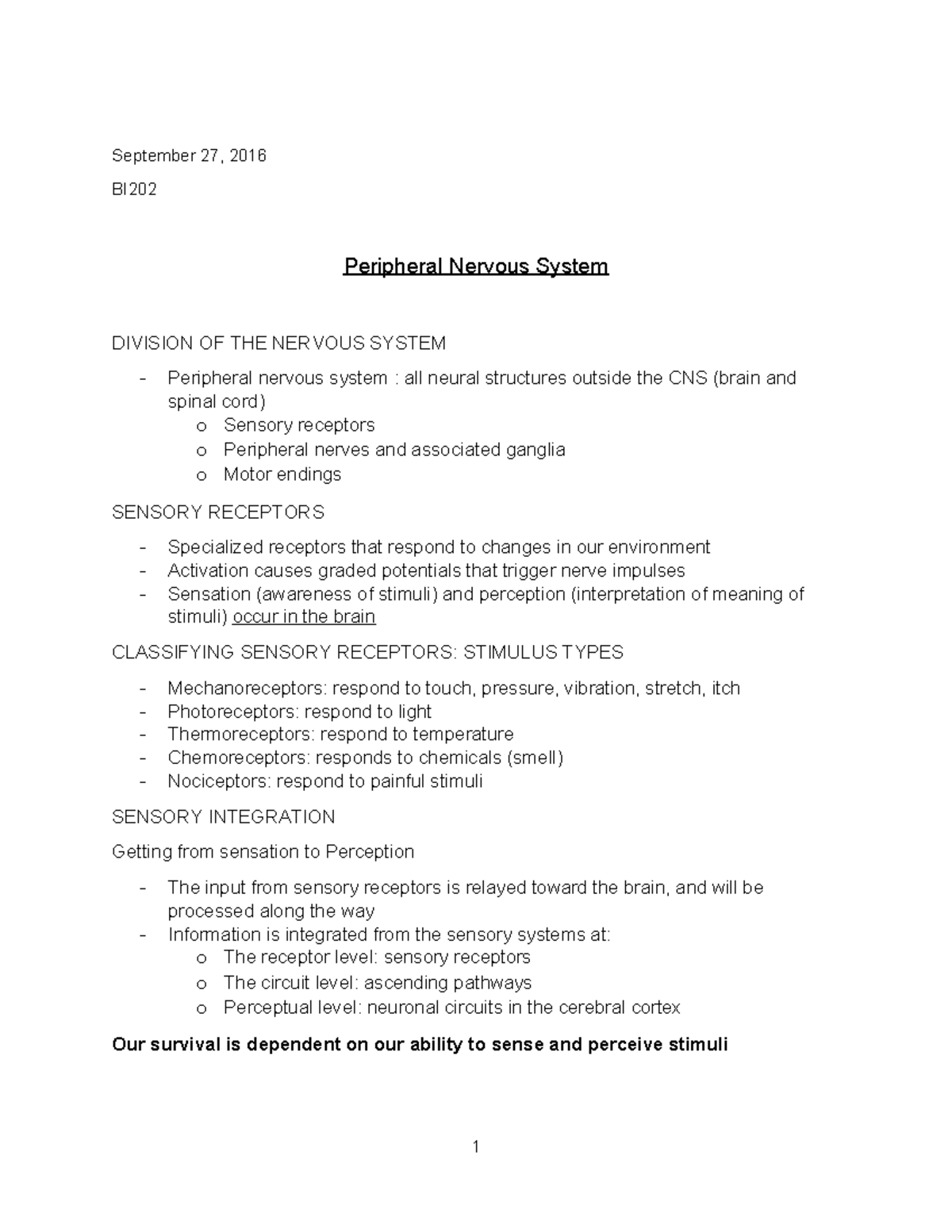BI202- Peripheral Nervous System Final Notes and Overview - Studocu