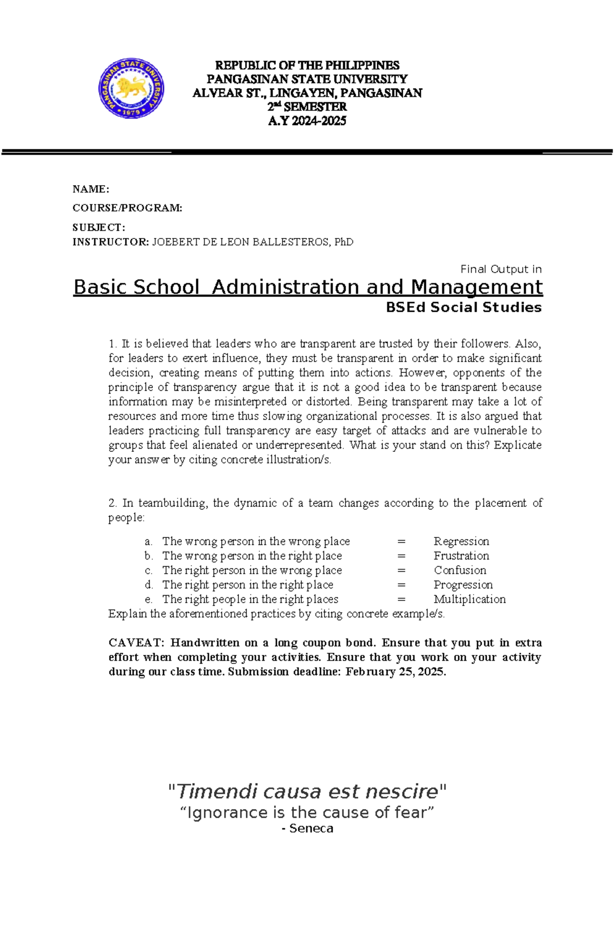 BSEd Social Studies - Final Output on Leadership & Team Dynamics - Studocu