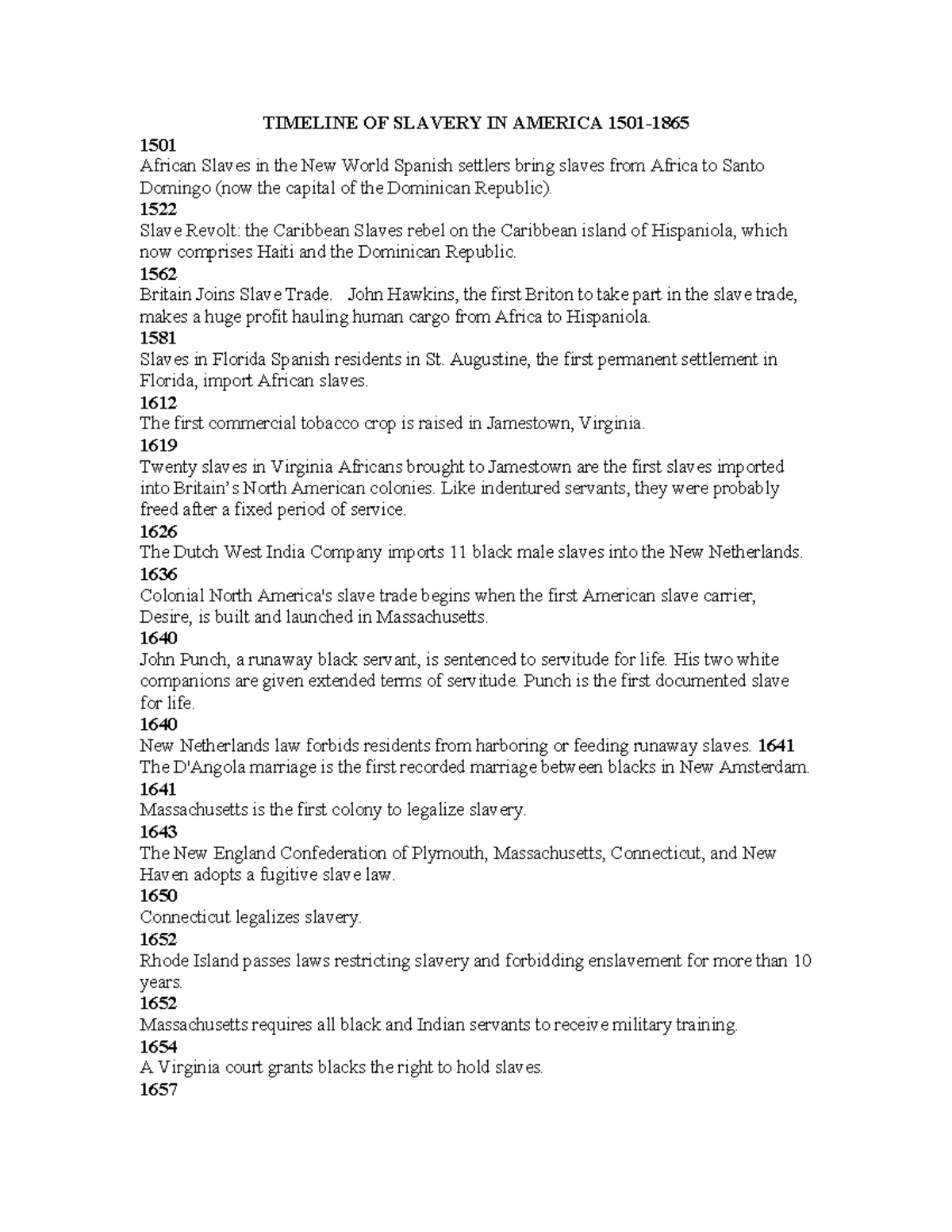 Timeline of Slavery in America: Key Events and Milestones - Studocu