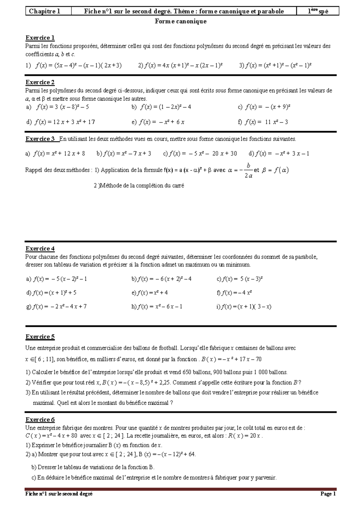 Fiche n°1: Forme canonique et Parabole en Mathématiques (Spécialité ...