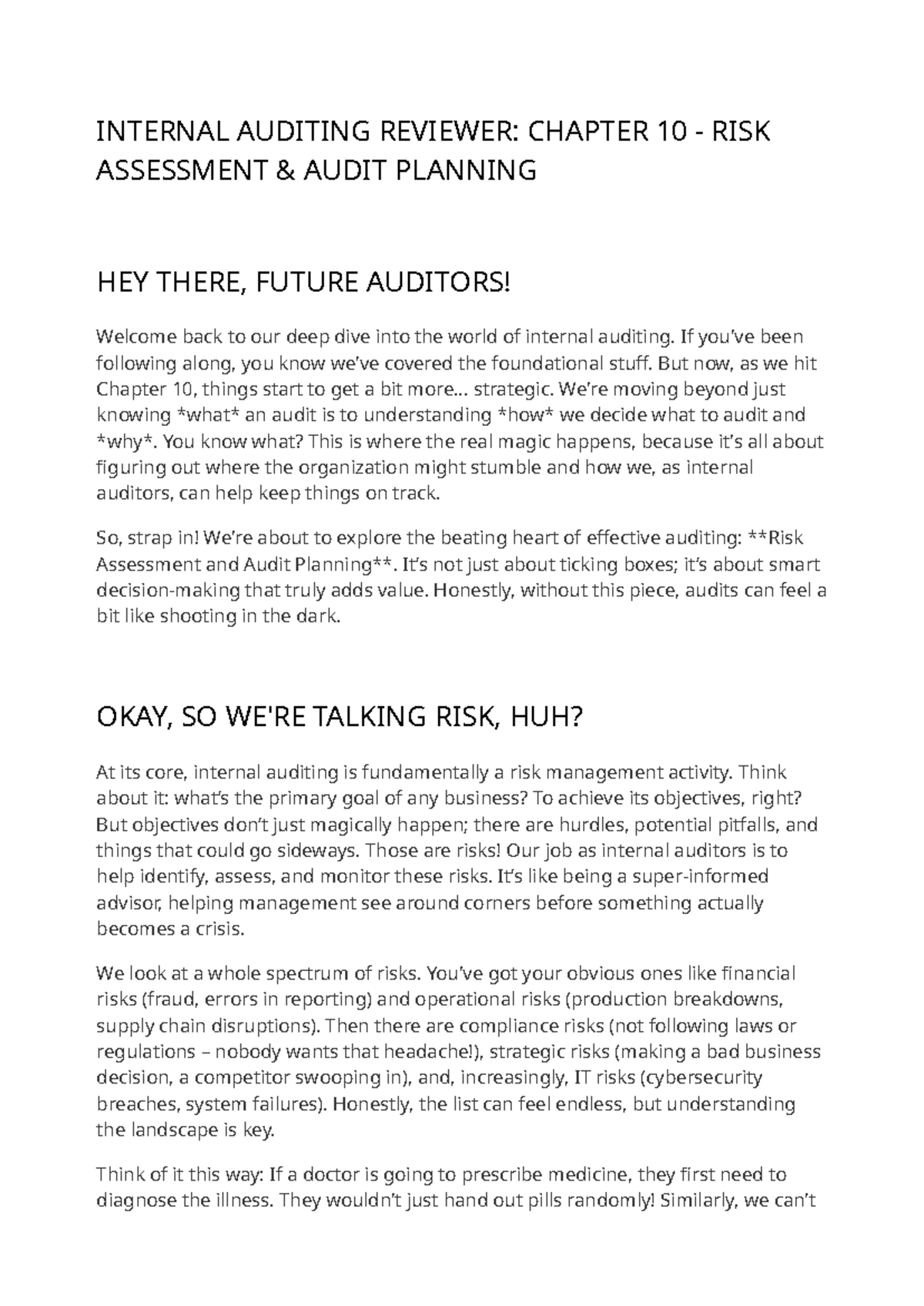 INTERNAL AUDITING REVIEWER: CHAPTER 10 RISK ASSESSMENT STRATEGIES - Studocu