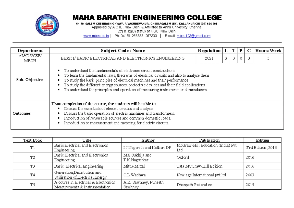 BE3251 Question Bank for Basic Electrical and Electronics Engineering 2025 - Studocu