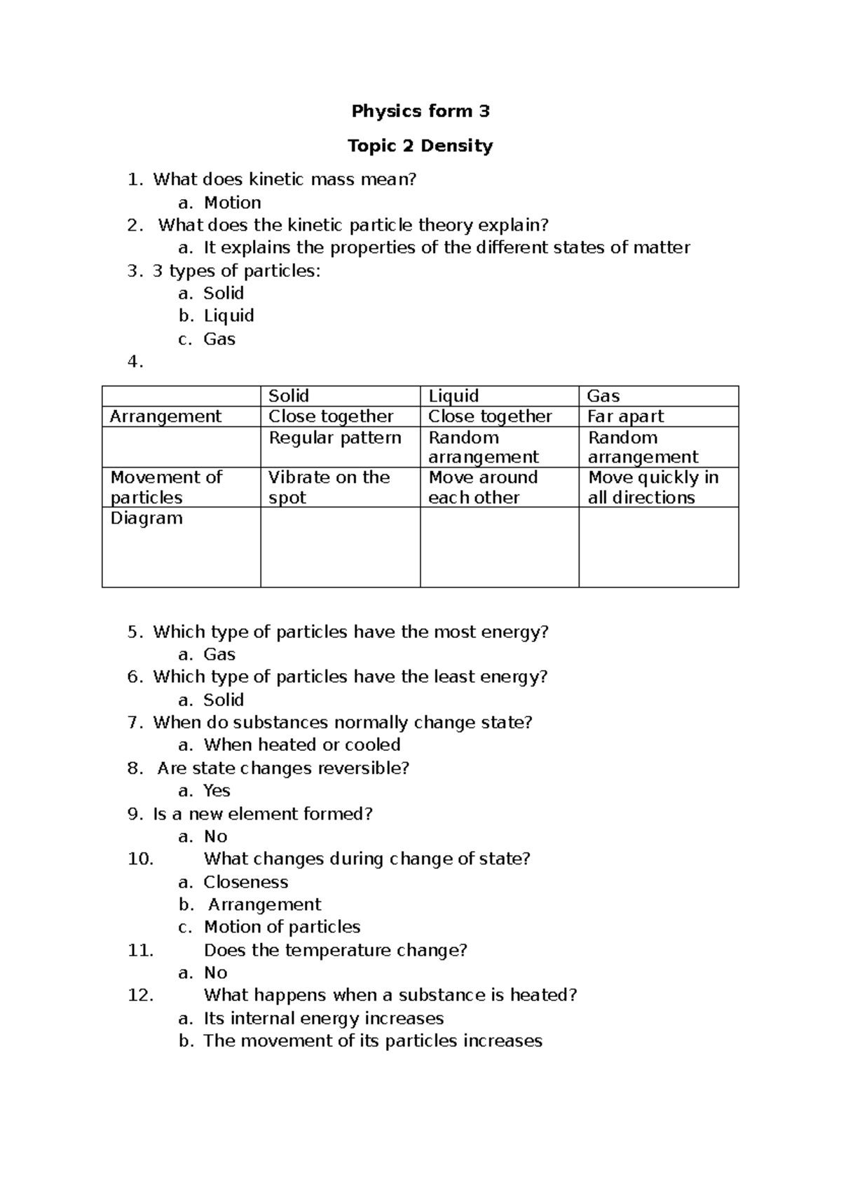 Physics Form 3: Topic 2 - Understanding Density and Particle Behavior - Studocu