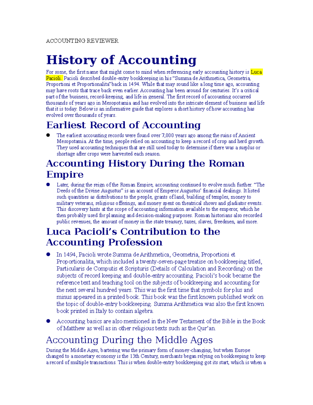 History of Accounting Overview - ACC 121 Reviewer - Studocu