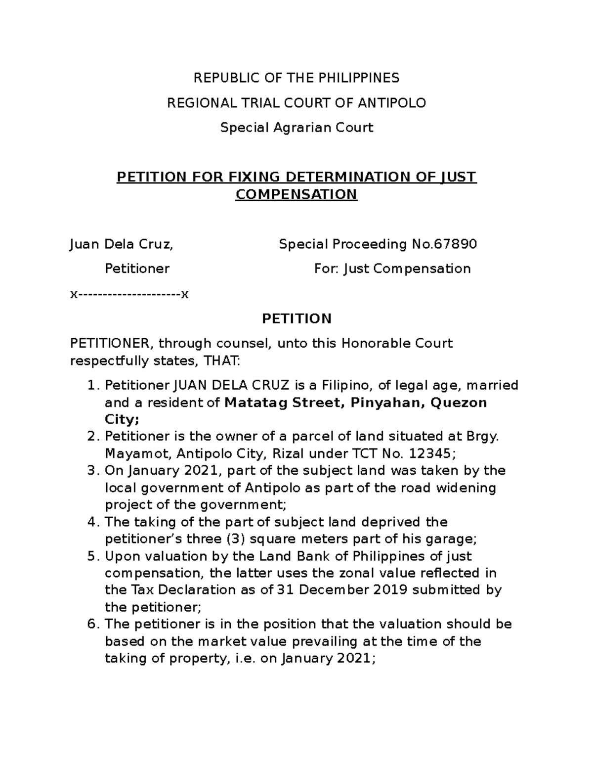 Petition for Just Compensation: Special Proceeding No. 2-2021 - Studocu