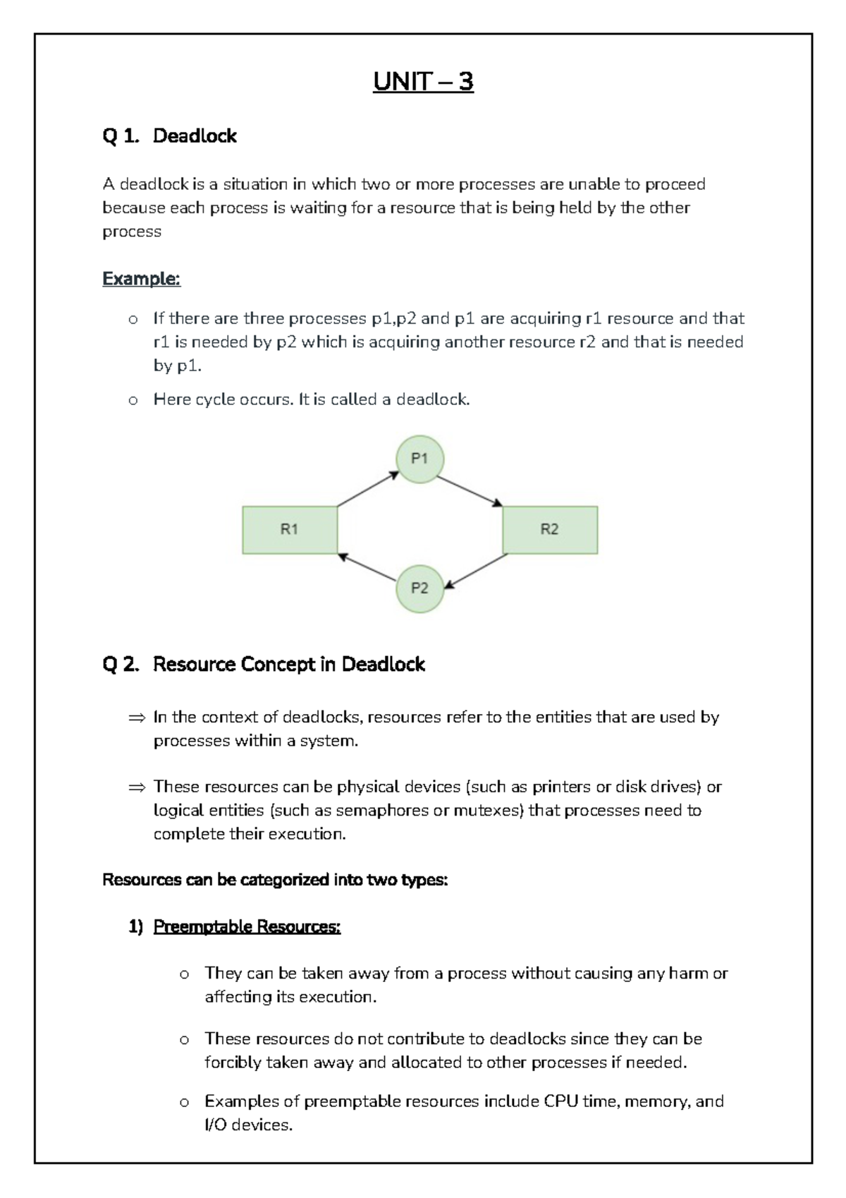 OS (Unit - 3) - OS NOTES UNIT 3 - UNIT – 3 Q 1. Deadlock A deadlock is ...