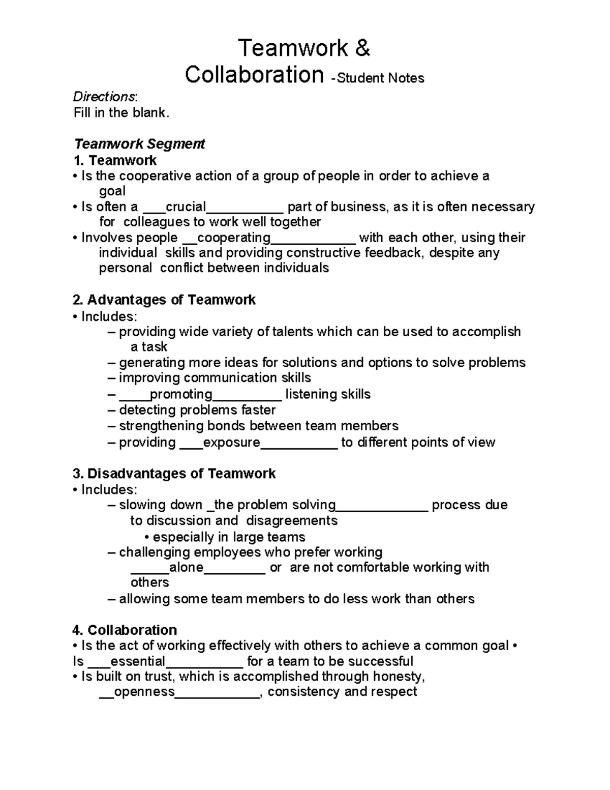 Student Notes Teamwork and Collaboration - Teamwork & Collaboration ...