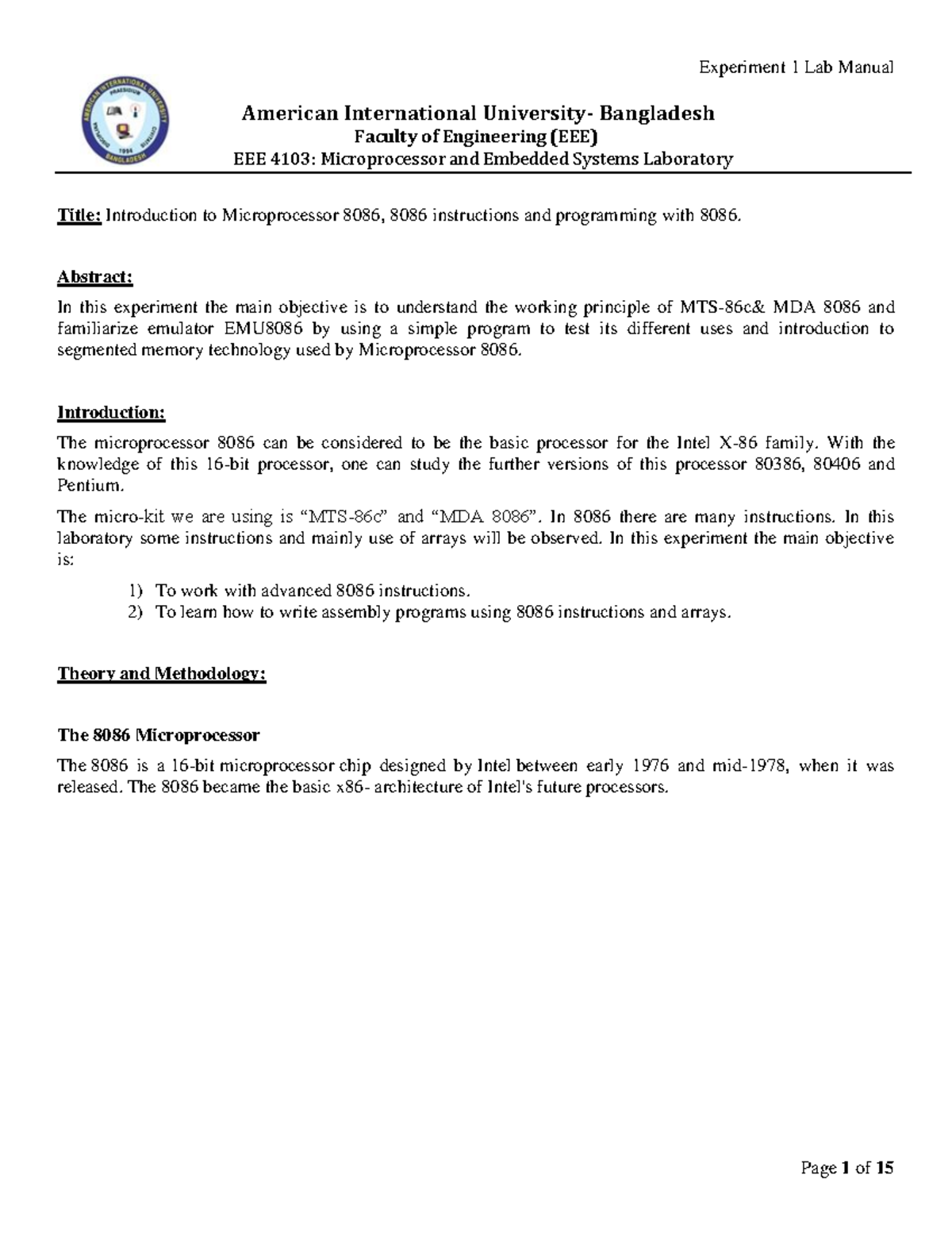 Microprocessor Experiment 1 Std Experiment 1 Lab Manual Page 1 Of 15