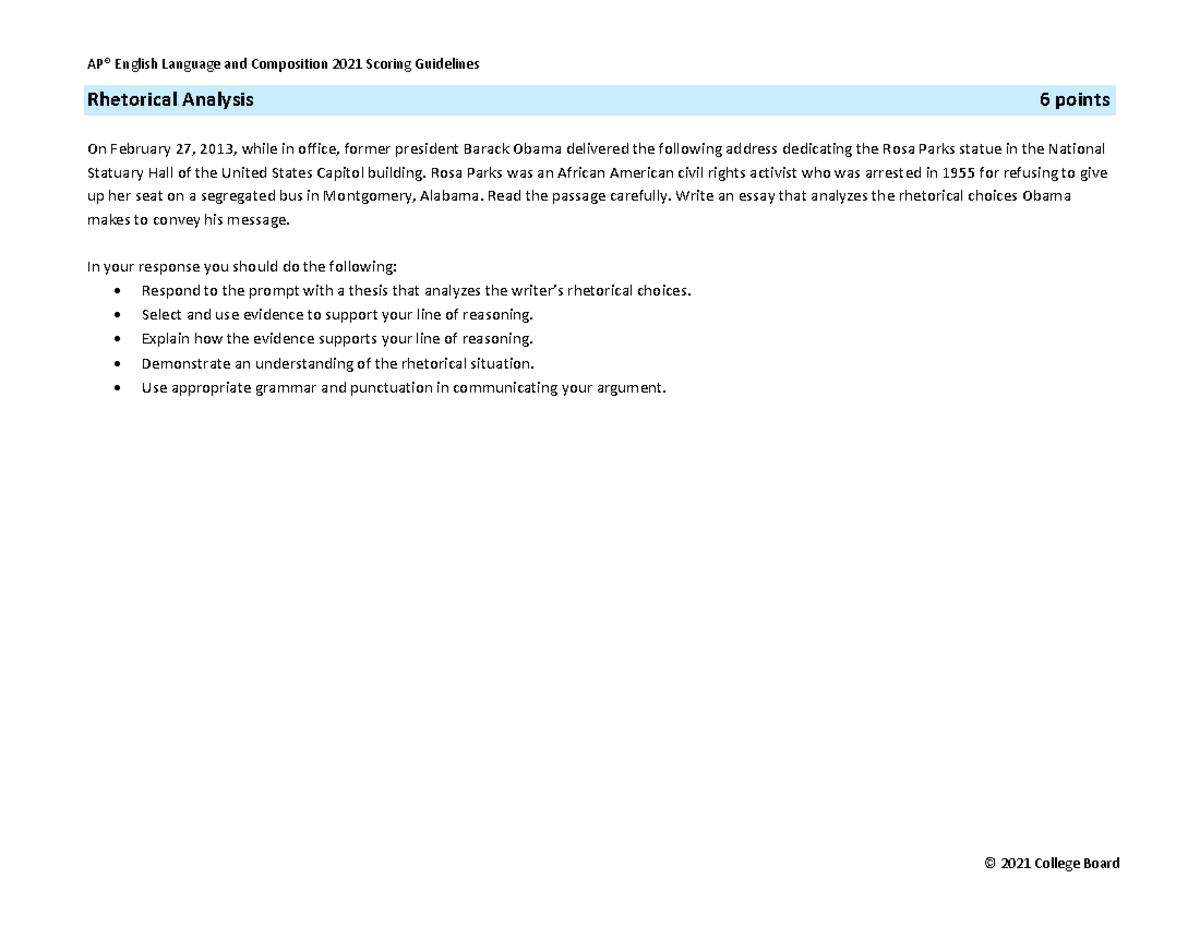 2021 English Language & Composition Rhetorical Analysis: Obama on Rosa ...