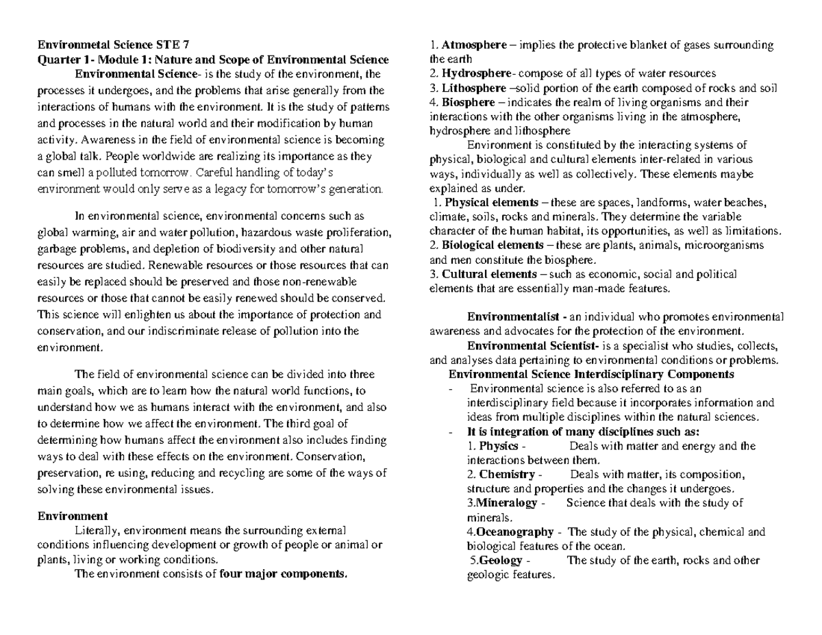 Environmental Science STE 7: Quarter 1 Module 1 & 2 Overview and ...