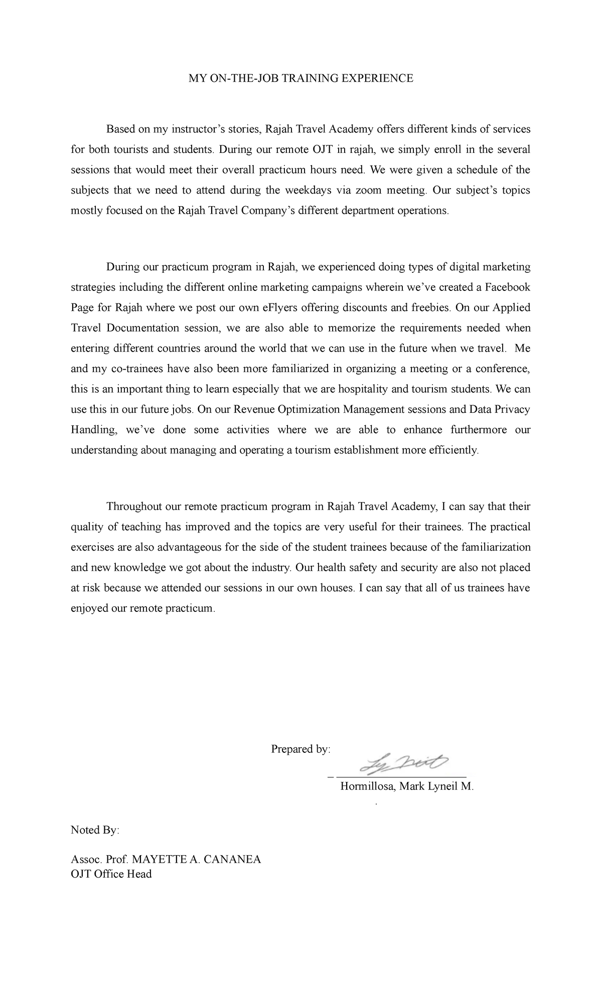 OJT narrative report - Hormillosa - MY ON-THE-JOB TRAINING EXPERIENCE ...