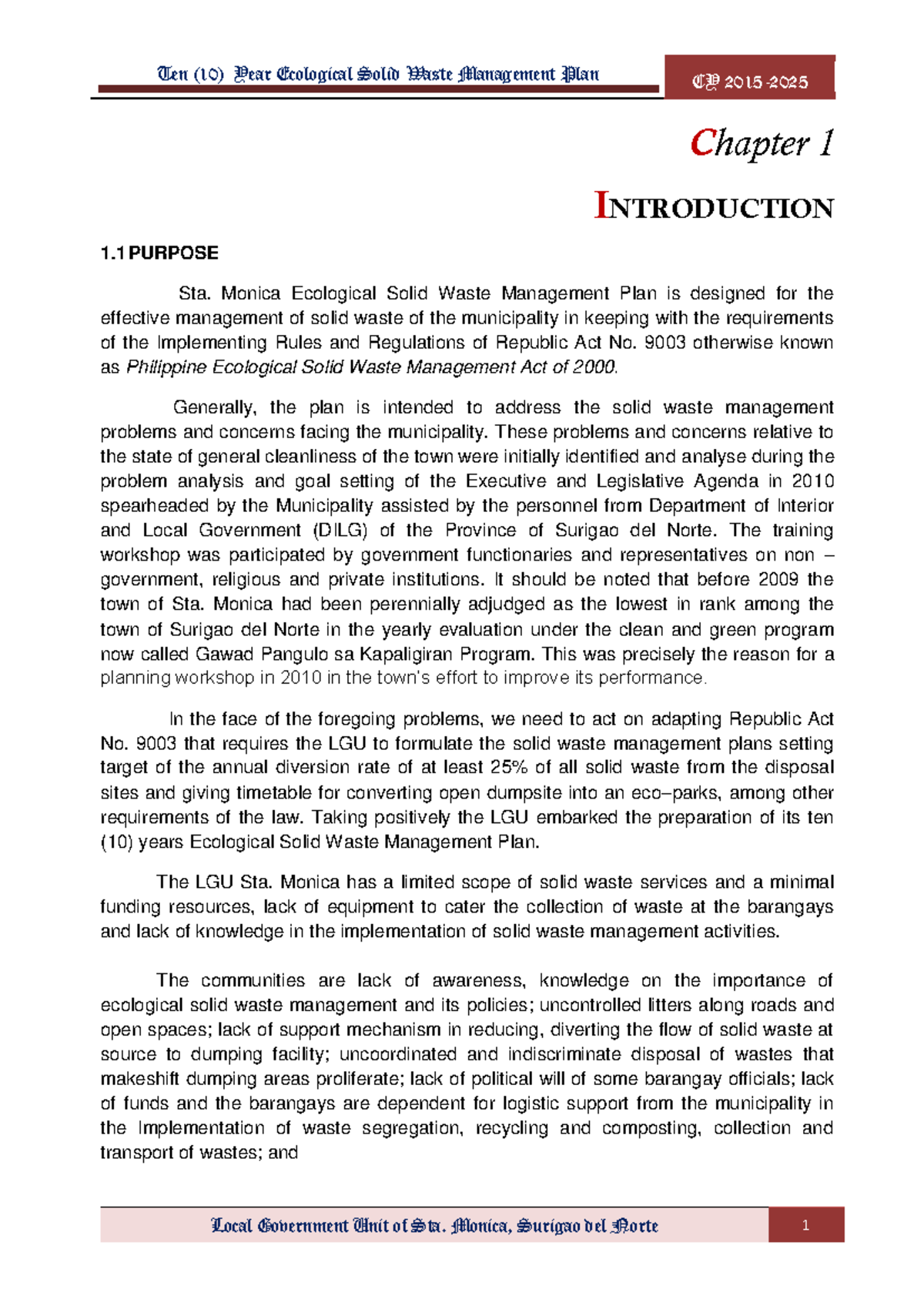 10 YR SWM PLAN - ECOLOGICAL SOLID WASTE MANAGEMENT STRATEGY (2015-2025 ...