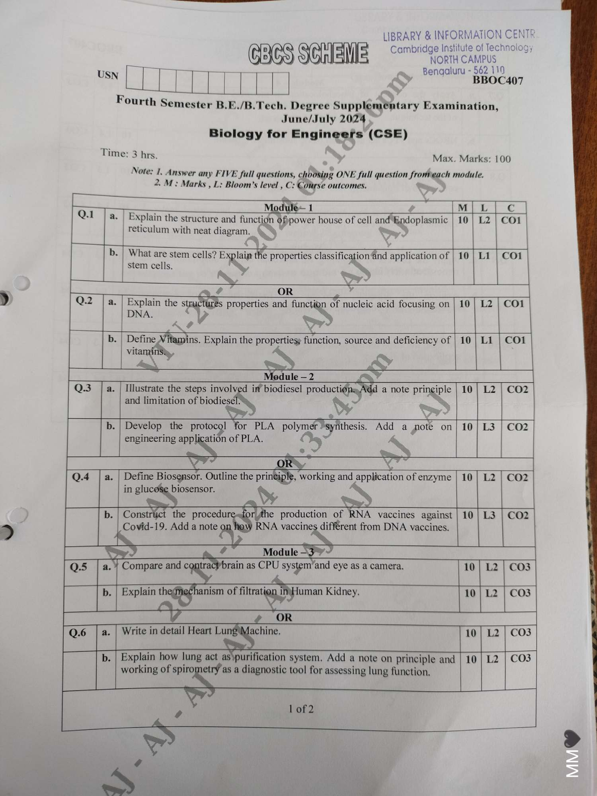 Biology for Engineers (CSE) BBOC407 Supplementary Exam QP 2024 - Studocu