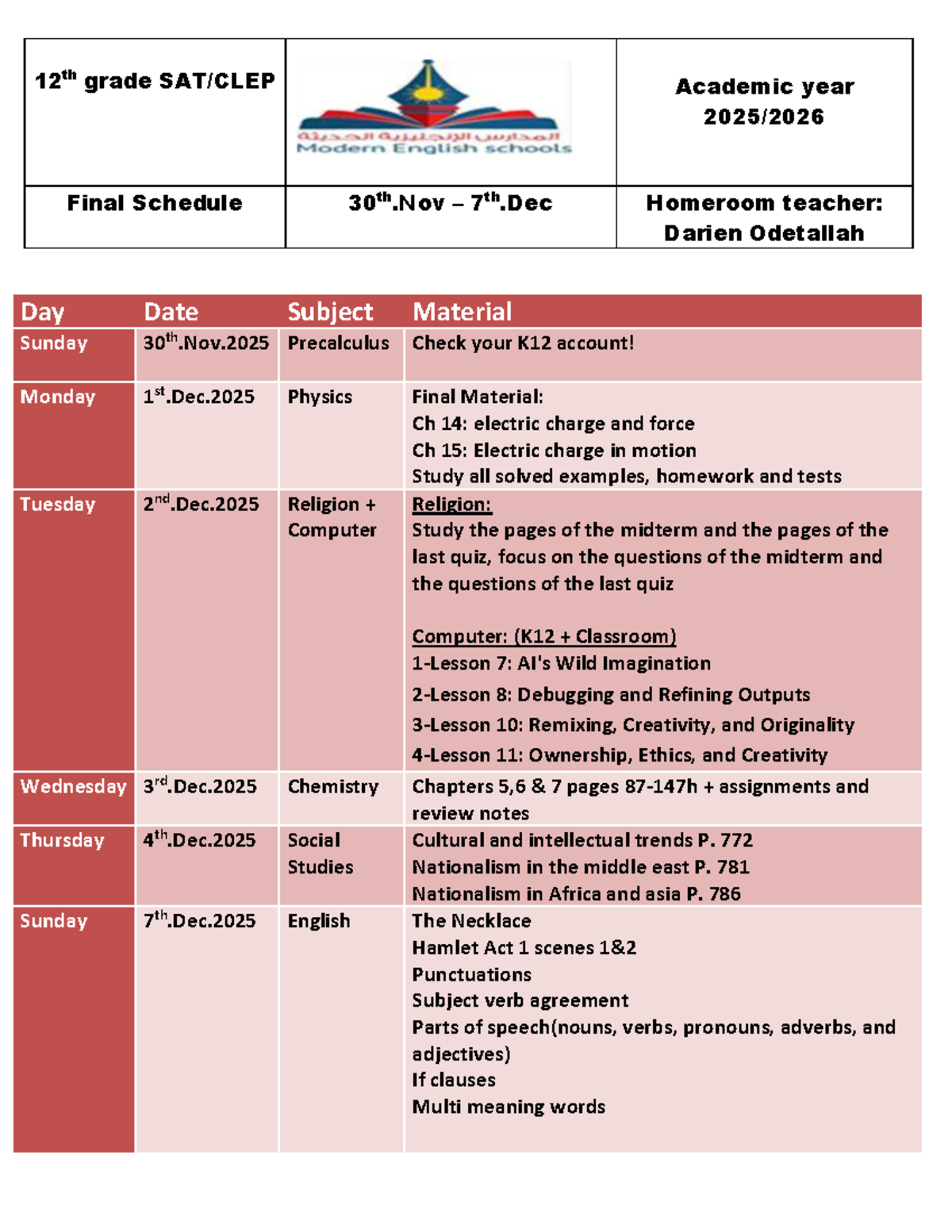 12th Grade Final Exam Schedule: Nov 30 - Dec 7, 2025 - Studocu