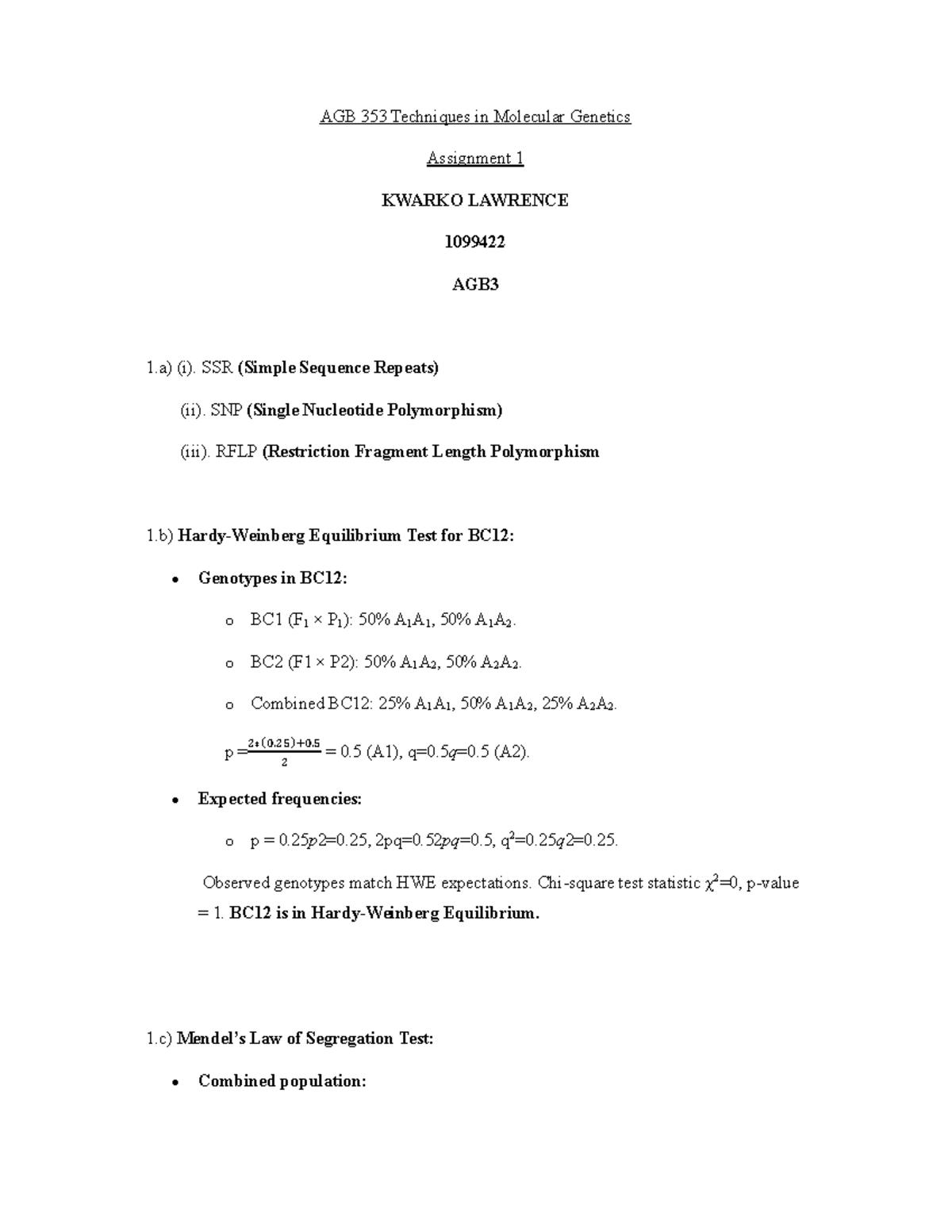 AGB 353 Molecular Genetics Assignment 1: SSR, SNP, and Equilibrium ...