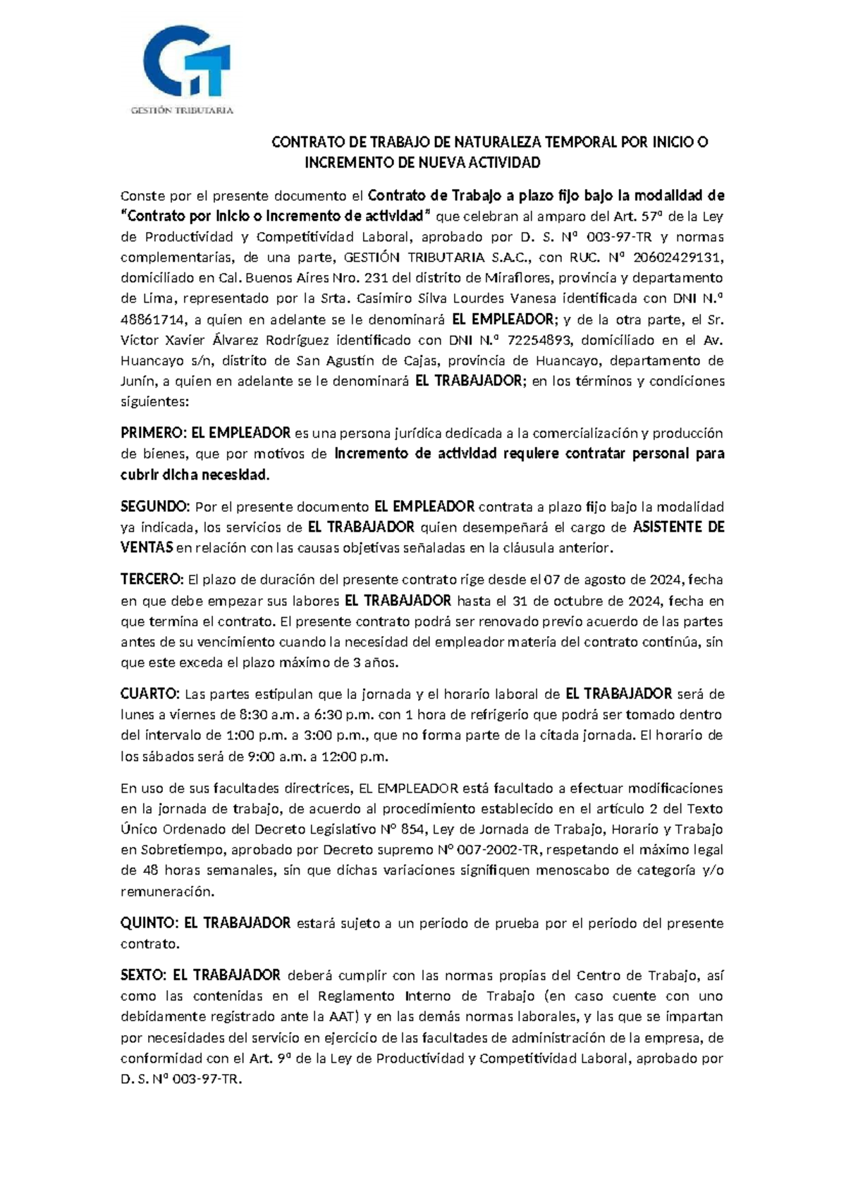 Contrato Victor Álvarez - CONTRATO DE TRABAJO DE NATURALEZA TEMPORAL POR INICIO O INCREMENTO DE ...