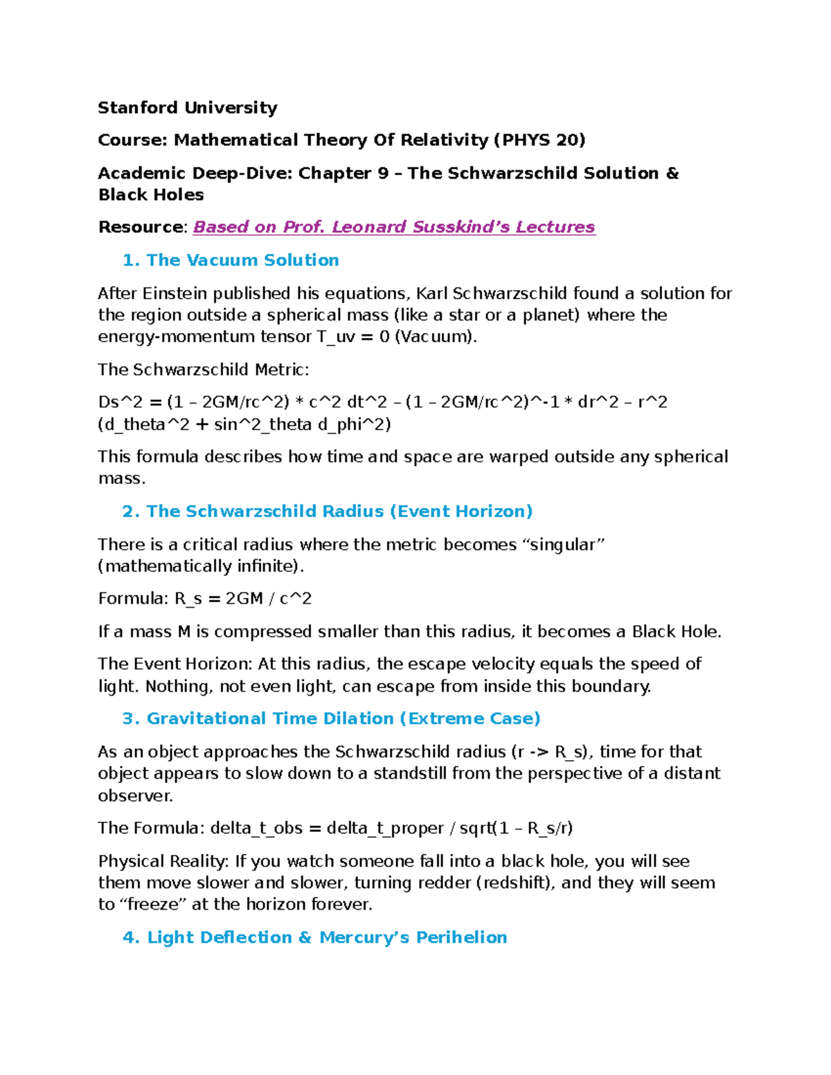 PHYS 20 Chapter 9: Schwarzschild Metric & Black Holes Overview - Studocu