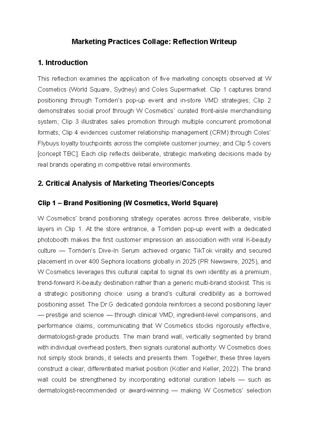 Marketing Practices Reflection: W Cosmetics & Coles Supermarket ...