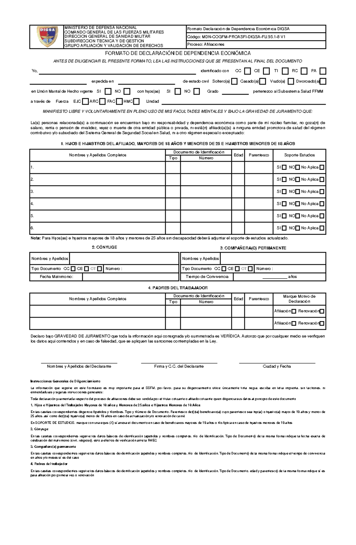 Formato de Declaración de Dependencia Económica MDN-COGFM-DIGSA V1 - Studocu