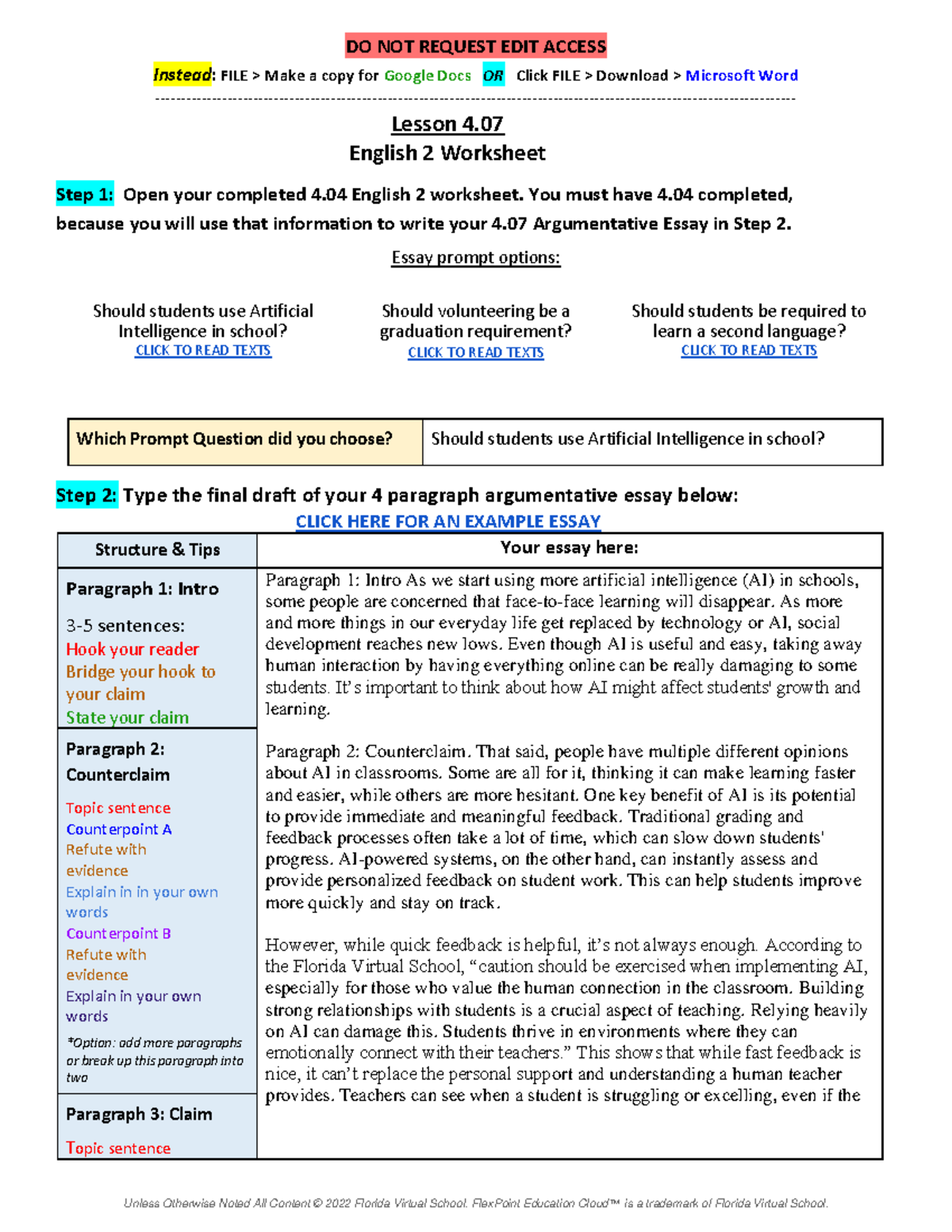 4.07 English 2 Argumentative Essay Worksheet: AI in Education - Studocu