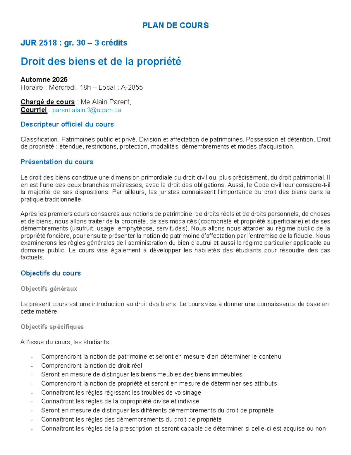 Plan de Cours - JUR 2518 : Droit des Biens et Propriété A2025 - Studocu