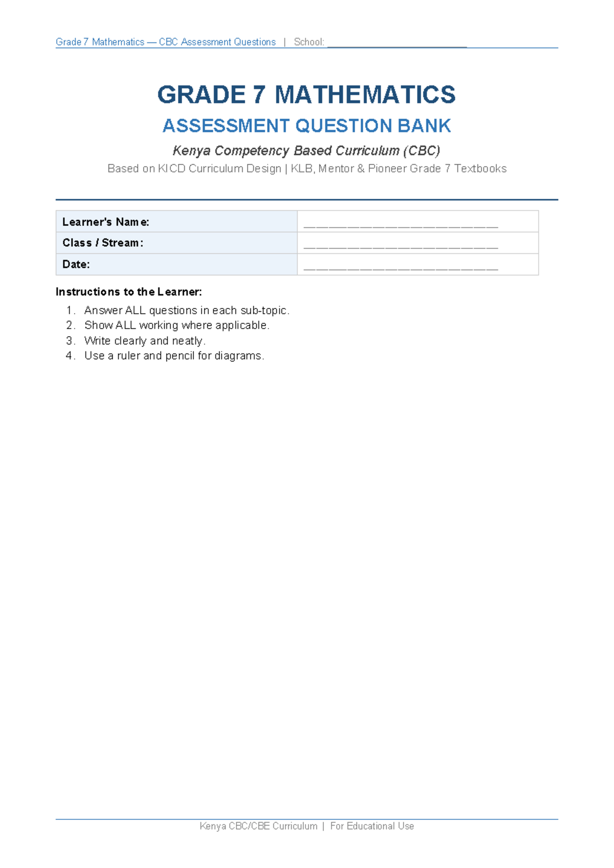 Grade 7 Mathematics CBC Assessment Questions - KICD Curriculum - Studocu