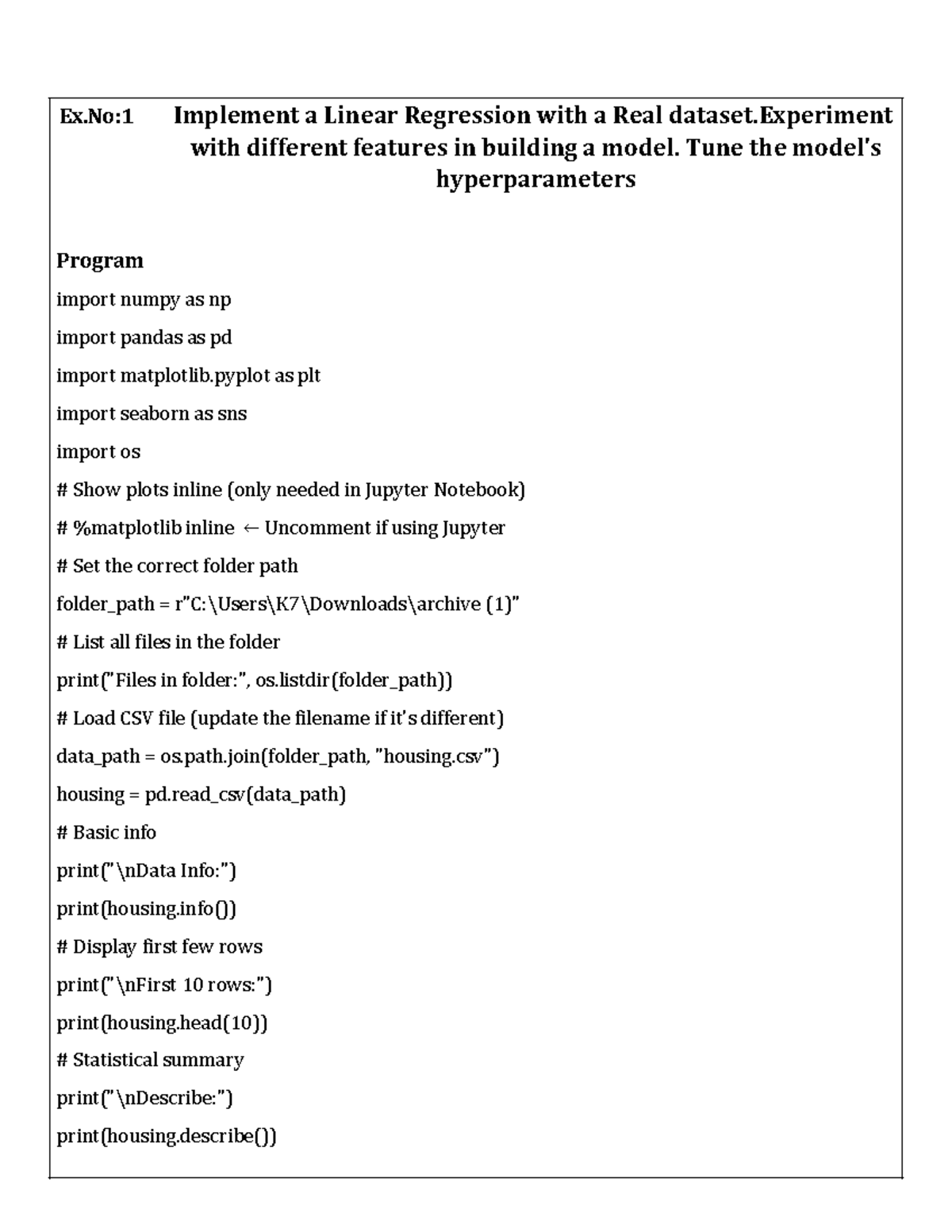 Ex.No:1 Linear Regression Implementation & Hyperparameter Tuning - Studocu