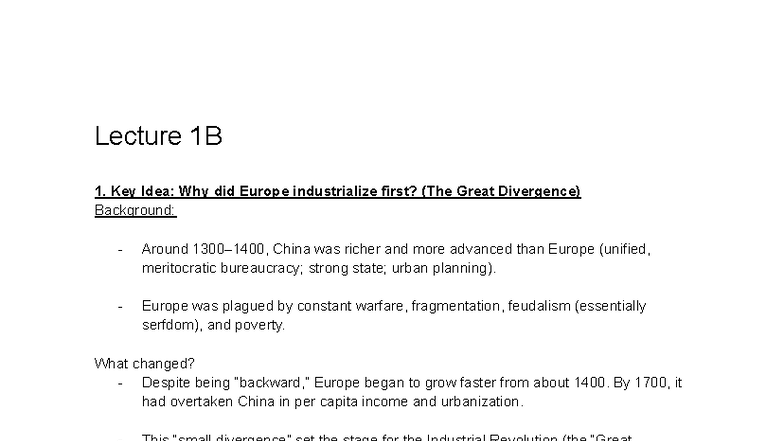 ECON1401 Lecture Notes: The Great Divergence and Economic Insights ...