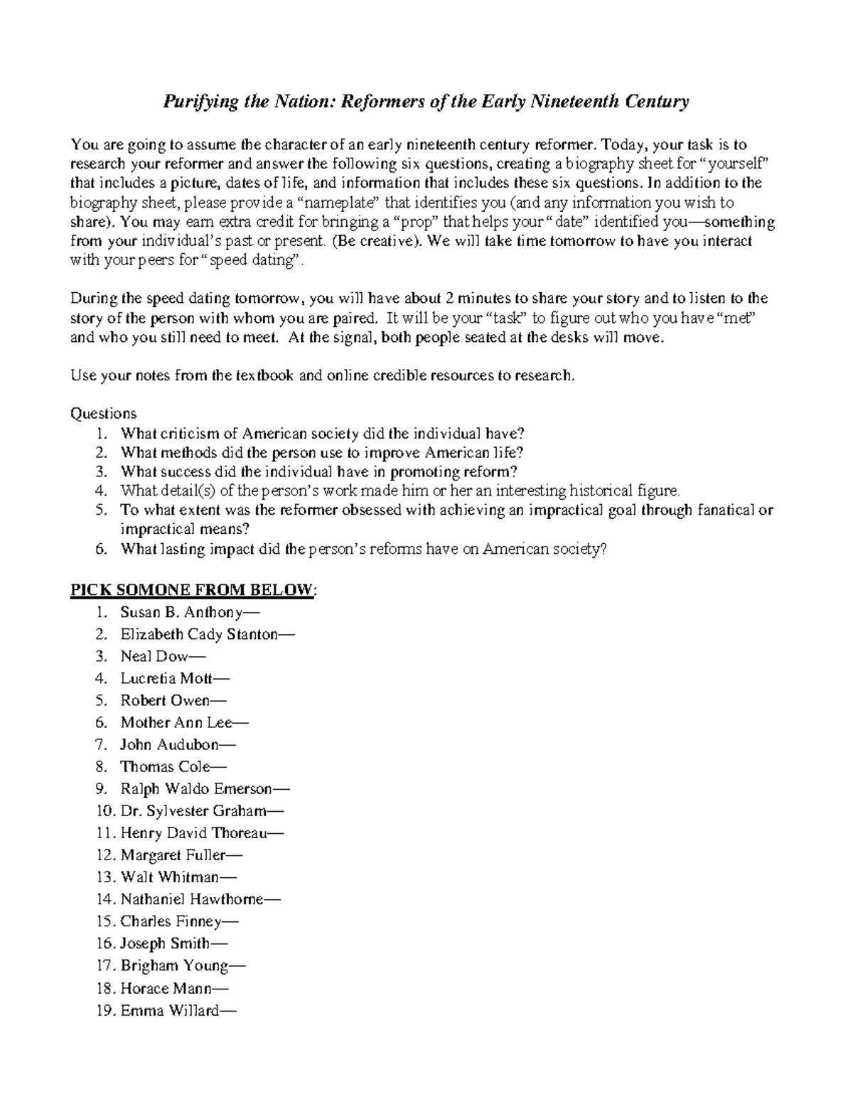 APUSH 4.12 Reformers Speed Dating: Exploring Early 19th Century Change ...