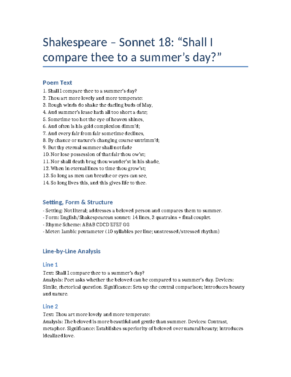 Shakespeare Sonnet 18: Comprehensive Analysis and Insights - Studocu