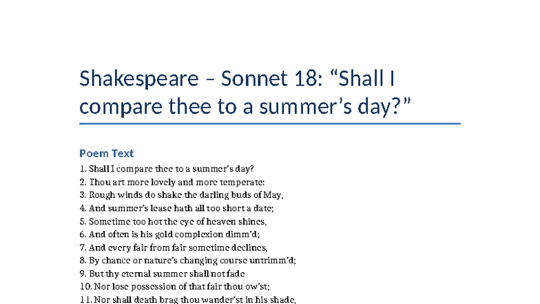 Shakespeare Sonnet 18: Comprehensive Analysis and Insights - Studocu