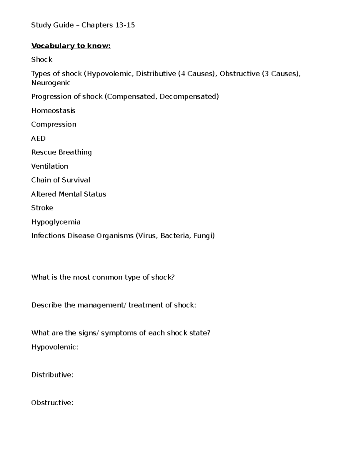 Study Guide EMR Course: Chapters 13-15 on Shock & CPR Techniques - Studocu
