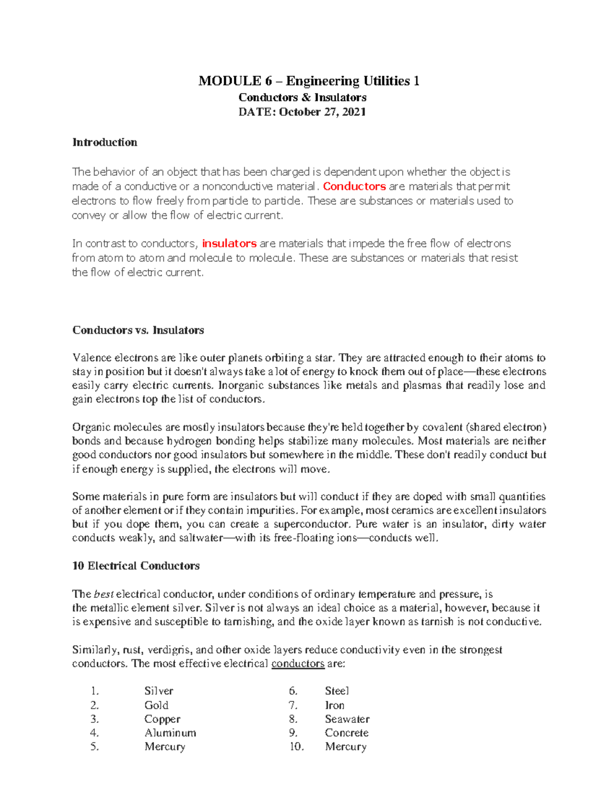 Module 7: Conductors and Insulators Overview - Studocu