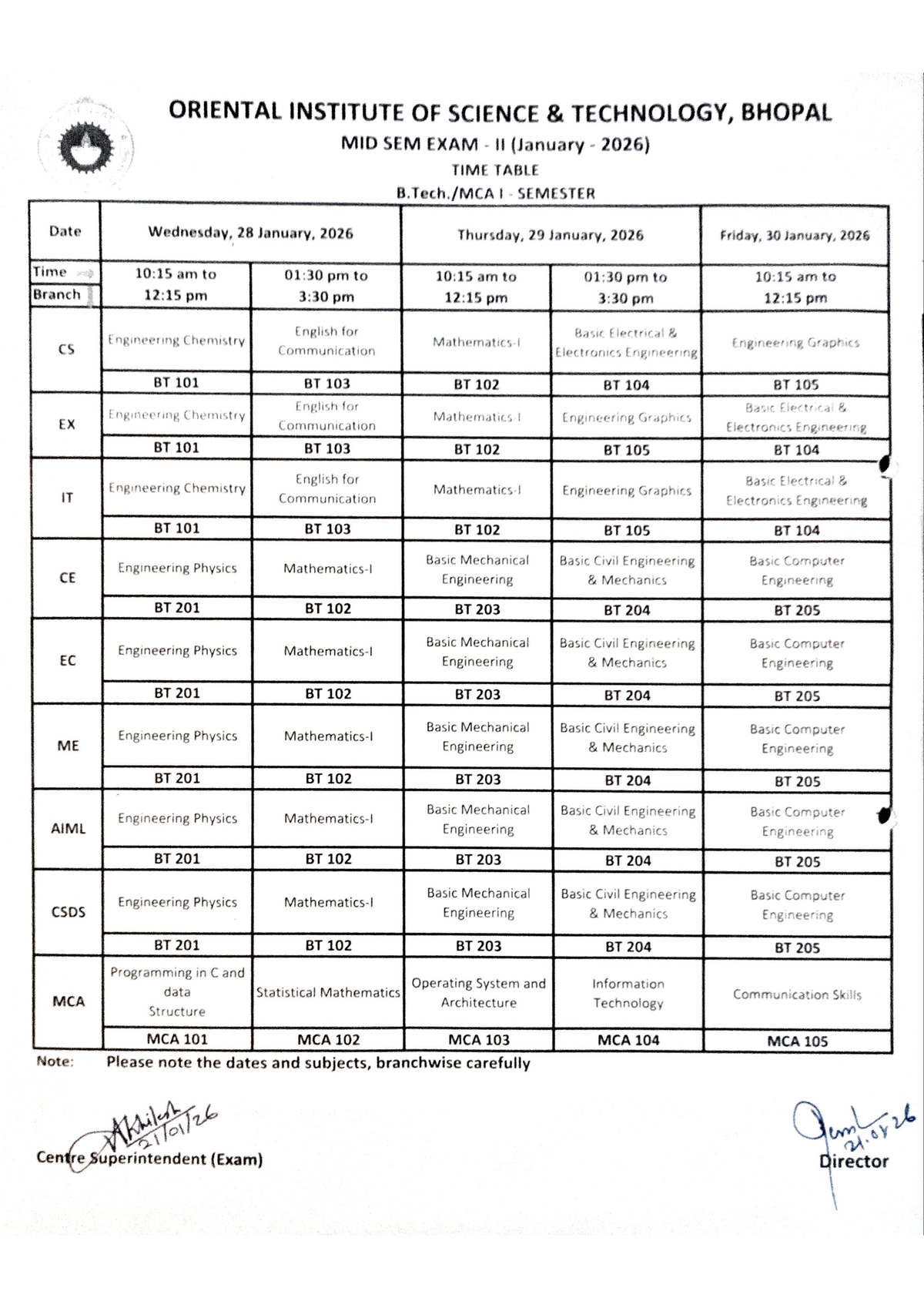 B TECH - MCA I MID SEM EXAM TIME TABLE (Jan 2026) - Studocu