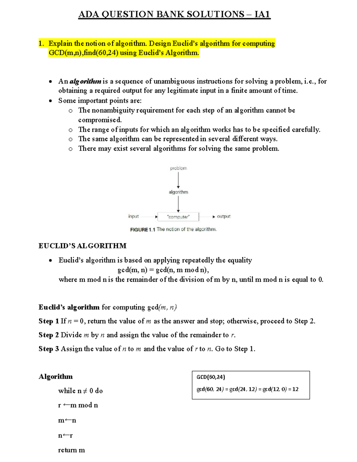 ADA IA1 Question Bank Solutions: Algorithms & GCD Explained - Studocu