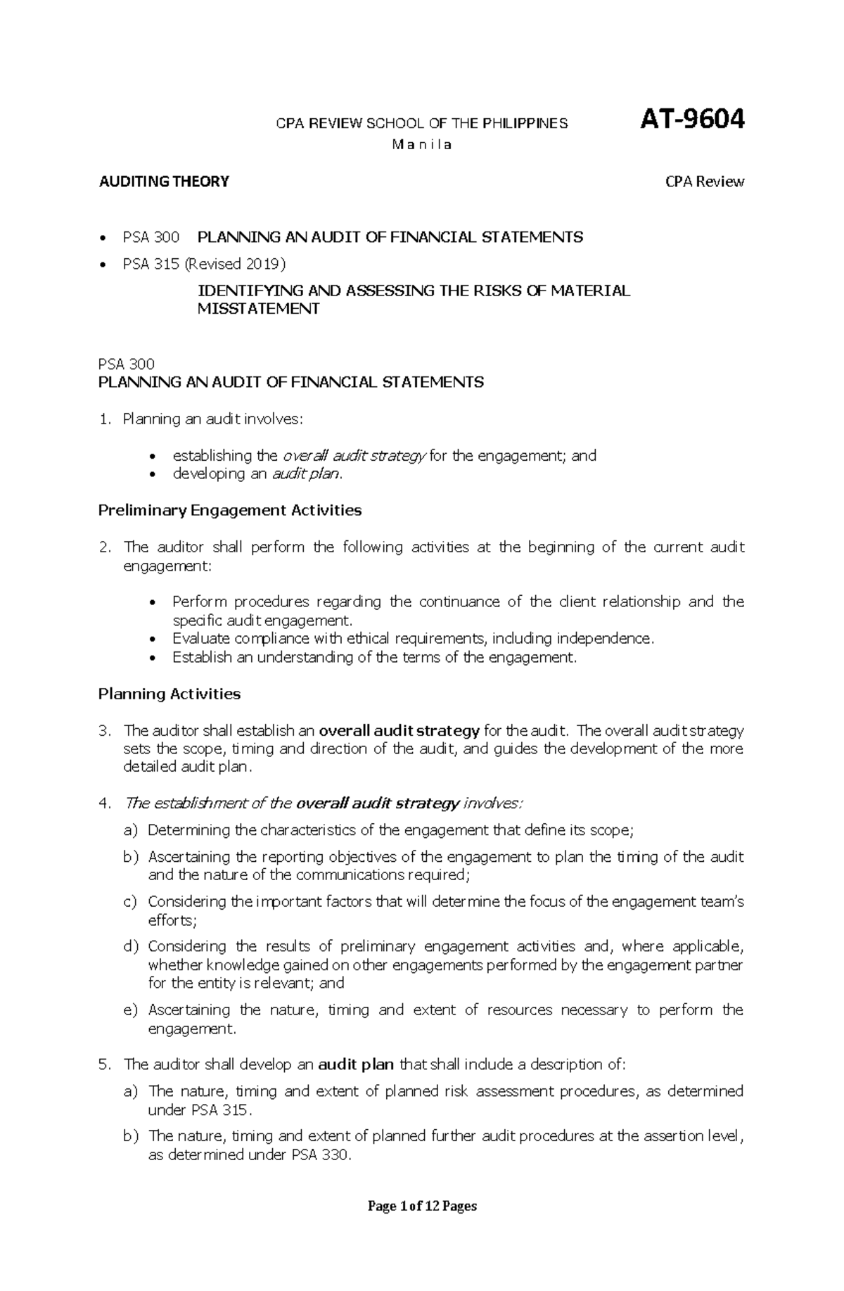 CPA 300: Planning an Audit of Financial Statements and Risk Assessment ...