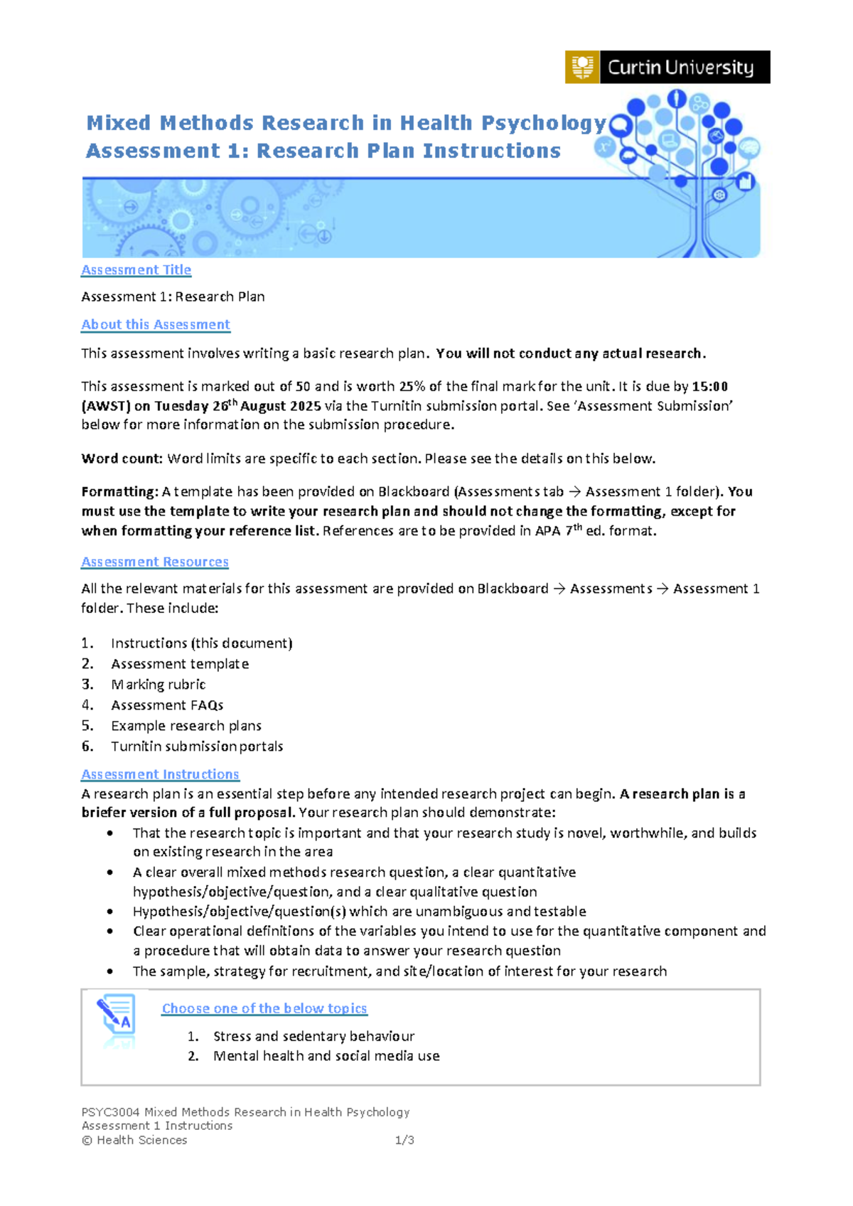 PSYC3004 Mixed Methods Research Plan: Health Psychology Assessment 1 ...