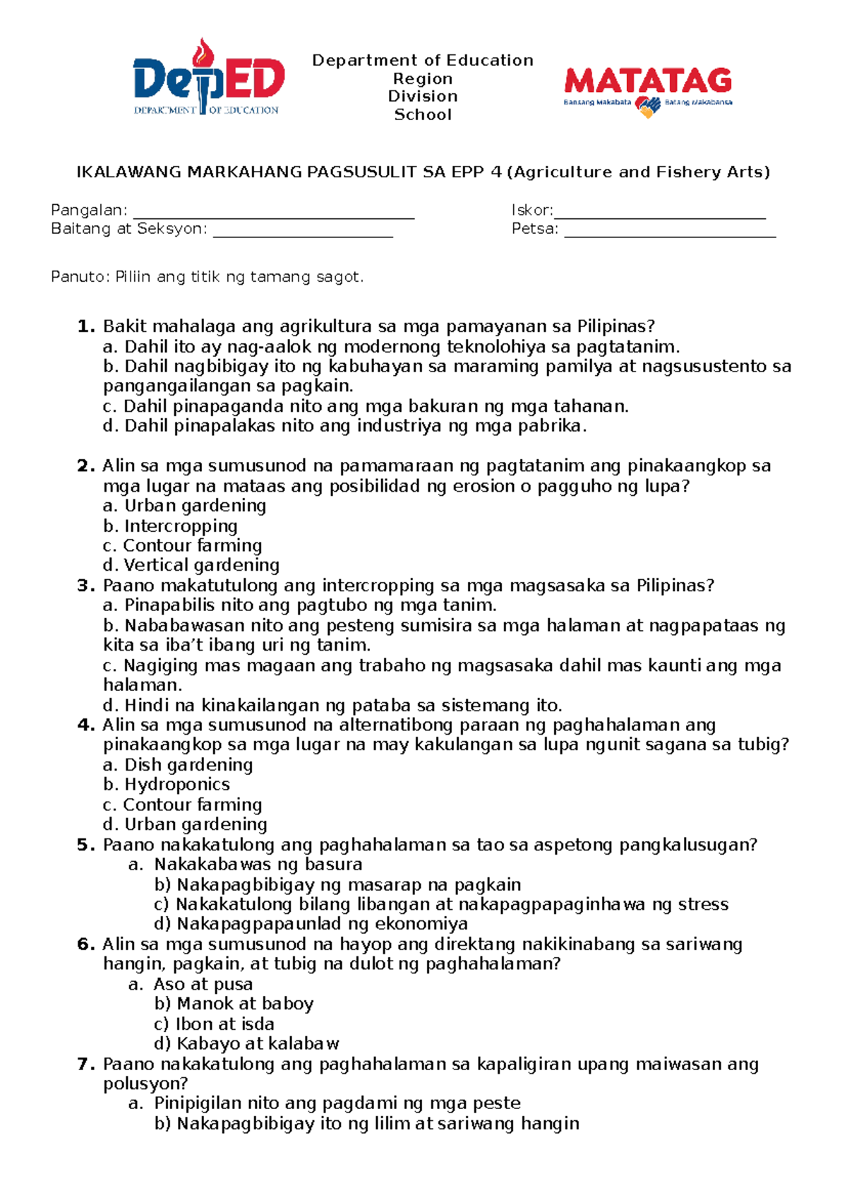 Ikalawang Markahang Pagsusulit sa EPP-AFA 4 Q2: Pagsusuri ng Pagtatanim ...