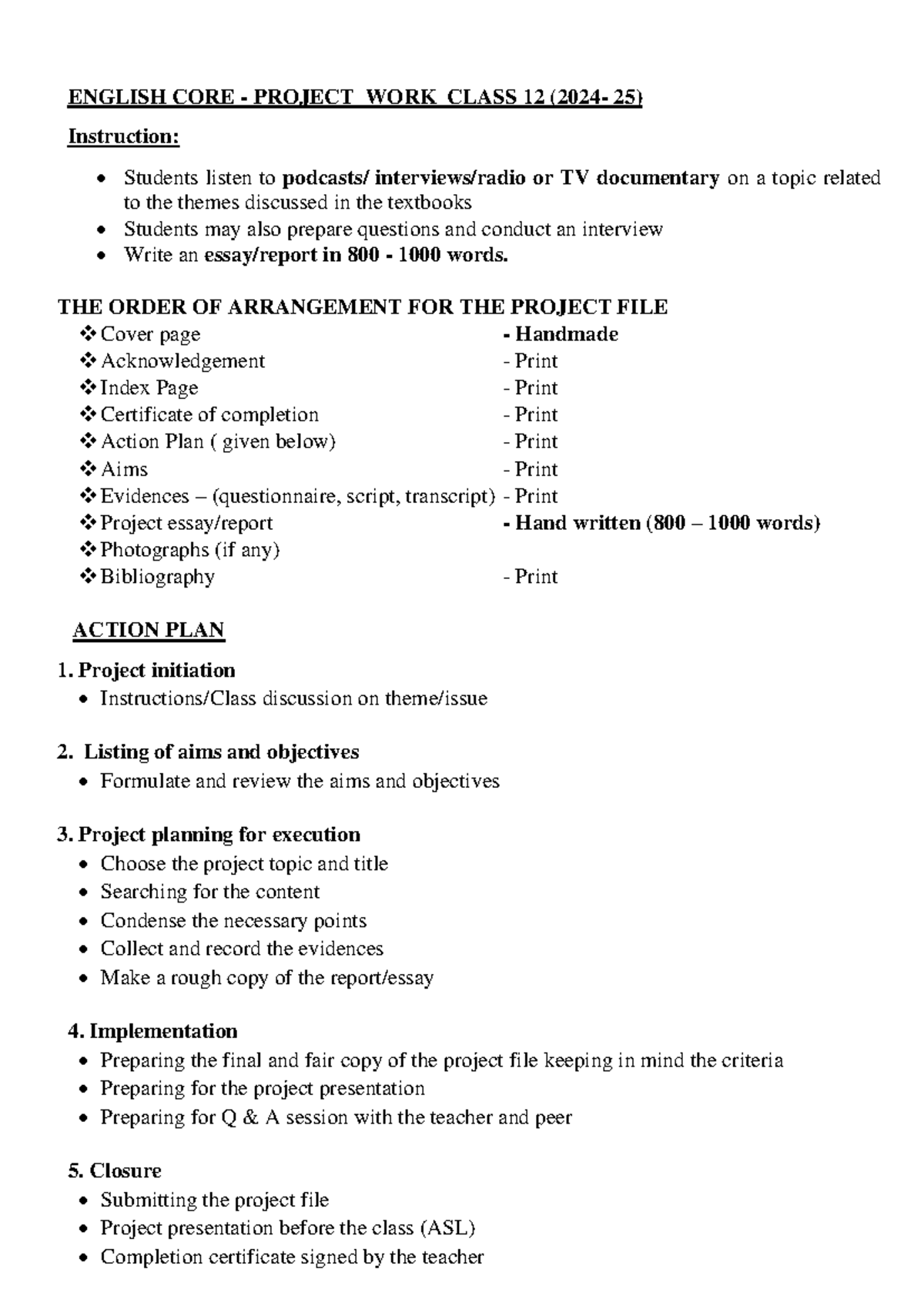Cl 12 Eng Project - Action Plan Overview for 2024-25 Completion - Studocu