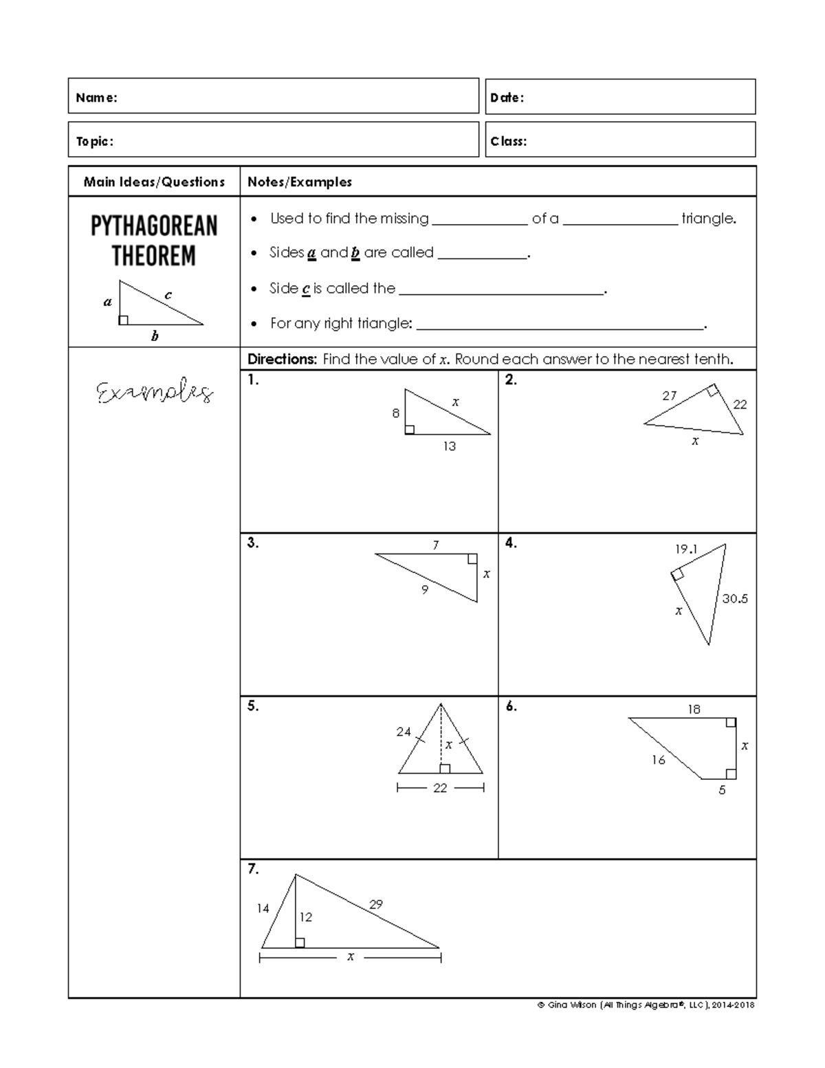 Pythagorean Theorem & It's Converse Notes - Main Ideas/Questions Notes ...