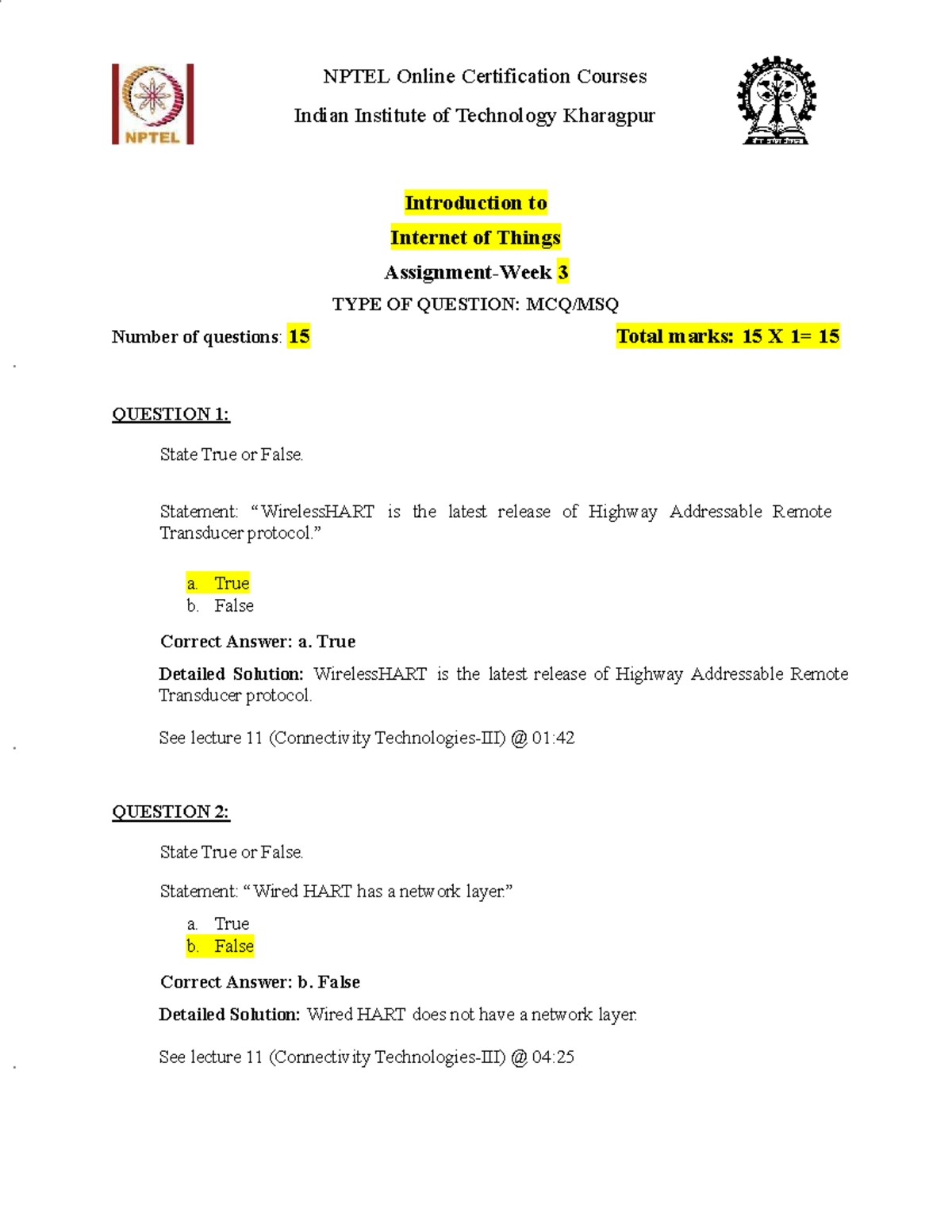 NPTEL IIT Kharagpur Introduction to IoT Assignment W3 questions and ...