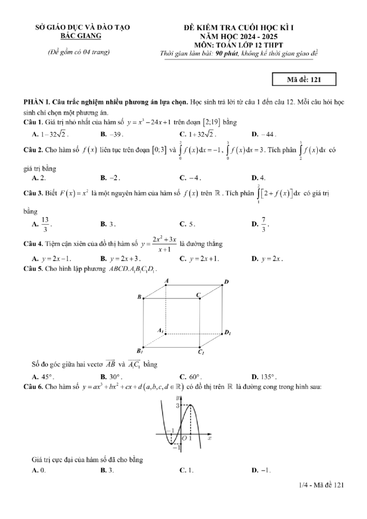Đề kiểm tra cuối HK1 Môn Toán lớp 12 THPT Bắc Giang 2024 - Studocu