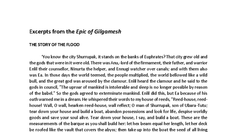 Excerpts from the Epic of Gilgamesh: The Flood Narrative Analysis - Studocu