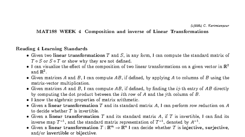 MAT188 WEEK 4: Composition & Inverse of Linear Transformations - Studocu