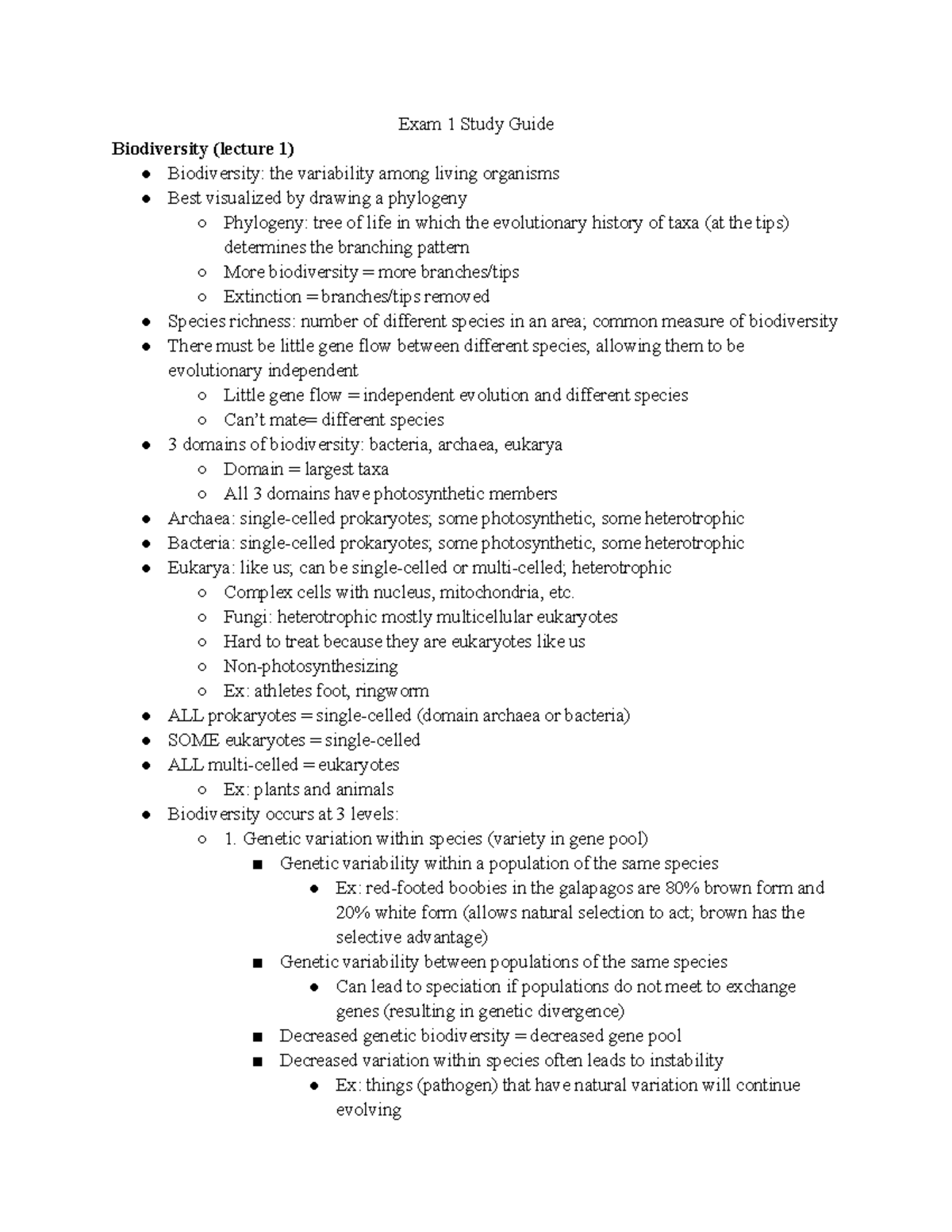 BIOL 101 Exam 1 Study Guide: Key Concepts in Biodiversity and Evolution ...