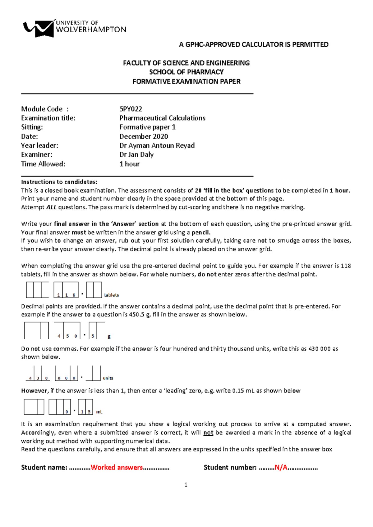 Pharmaceutical Calculations practice exam 1 worked answers - A GPHC ...