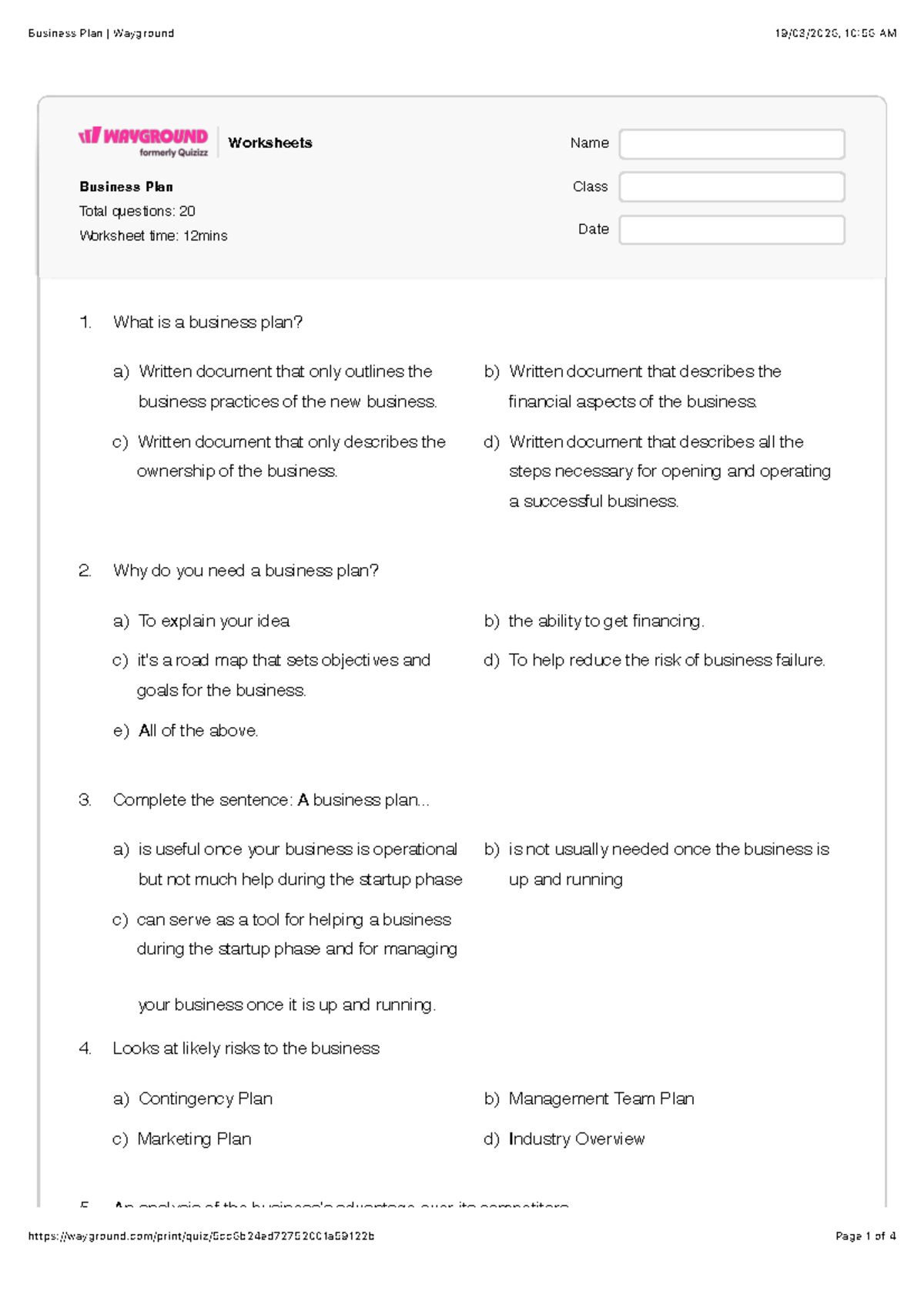 Business Plan Worksheet for Wayground (Total Qs: 20) - Studocu