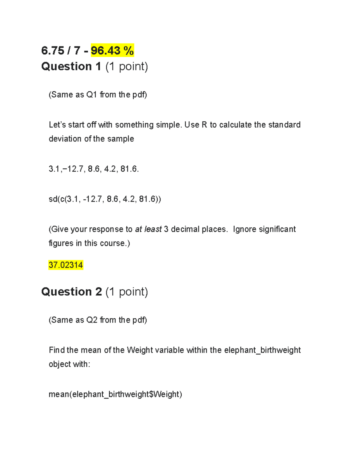 Assignment 1: R Calculations & Statistics (Course Code: 6.75) - Studocu